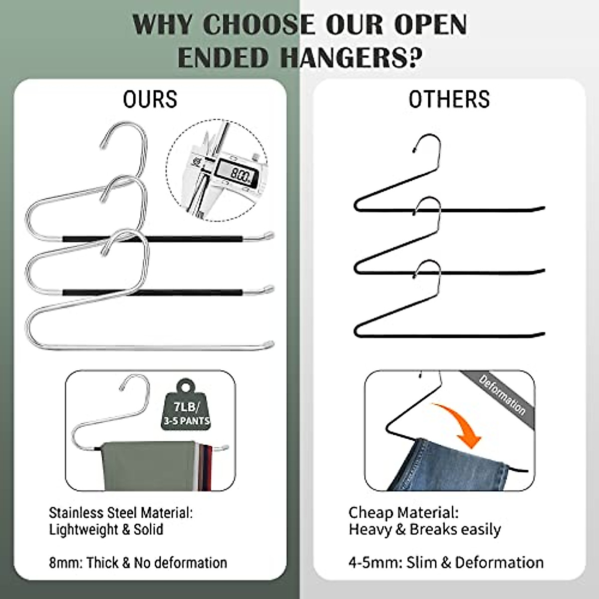 DOIOWN Open-Ended Pants Jean Hangers - Stainless Steel Jeans Hangers 10 Pack 8mm Thick, Versatile Non-Slip Hangers for Heavy Pants, Jeans, Trousers, Scarf - Space-Saving Clothes Hangers for Women Men