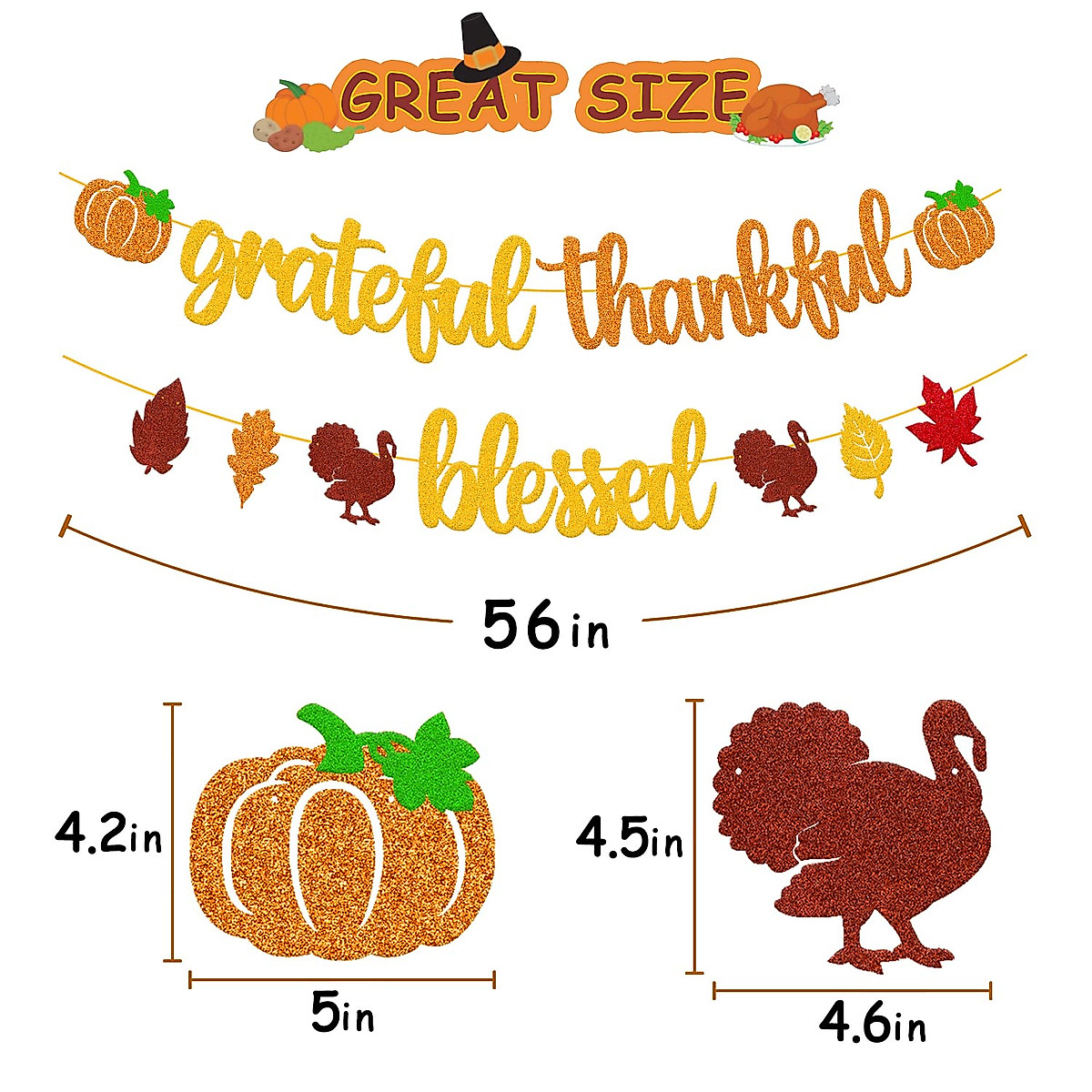 Grateful Thankful Blessed Banner Fall Autumn Leaves Turkey Thanksgiving Day Theme for Happy Thanksgiving Party Supplies Glitter Gold Decorations