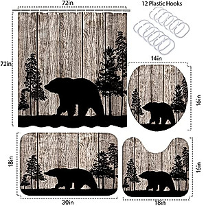 SiMiWOW Black Bear in Forest Shower Curtain Set with Rugs Woodland Animal Country Farmhouse Cabin Bathroom Decor Curtain, Set of 4
