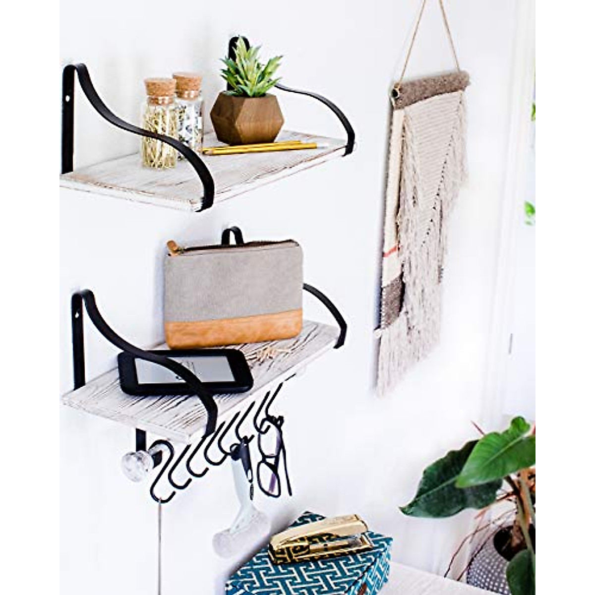 Wall Mounted Floating Spice Shelves with Towel Bar and Removable Hooks, Solid Wood, Rustic Shelving Storage, for Kitchens, Bathrooms and More, Farmhouse Wall Décor, 16.75” Long x 7.5” (White Washed)