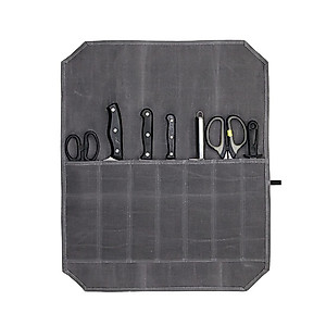 Waxed Canvas Cutlery Cover, Chef Knife Roll Pouch, Kitchen Cooking Tool Knife Holder Organizer, Foldable Multipurpose Travel Tool BBQ Tool Roll Pouch with 7 Slots, Grey, Waterproof