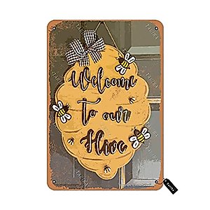 Welcome to Our Hive with Honey Bees Vintage Look Metal 8X12 Inch Decoration Painting Sign for Home Kitchen Bathroom Farm Garden Funny Wall Decor