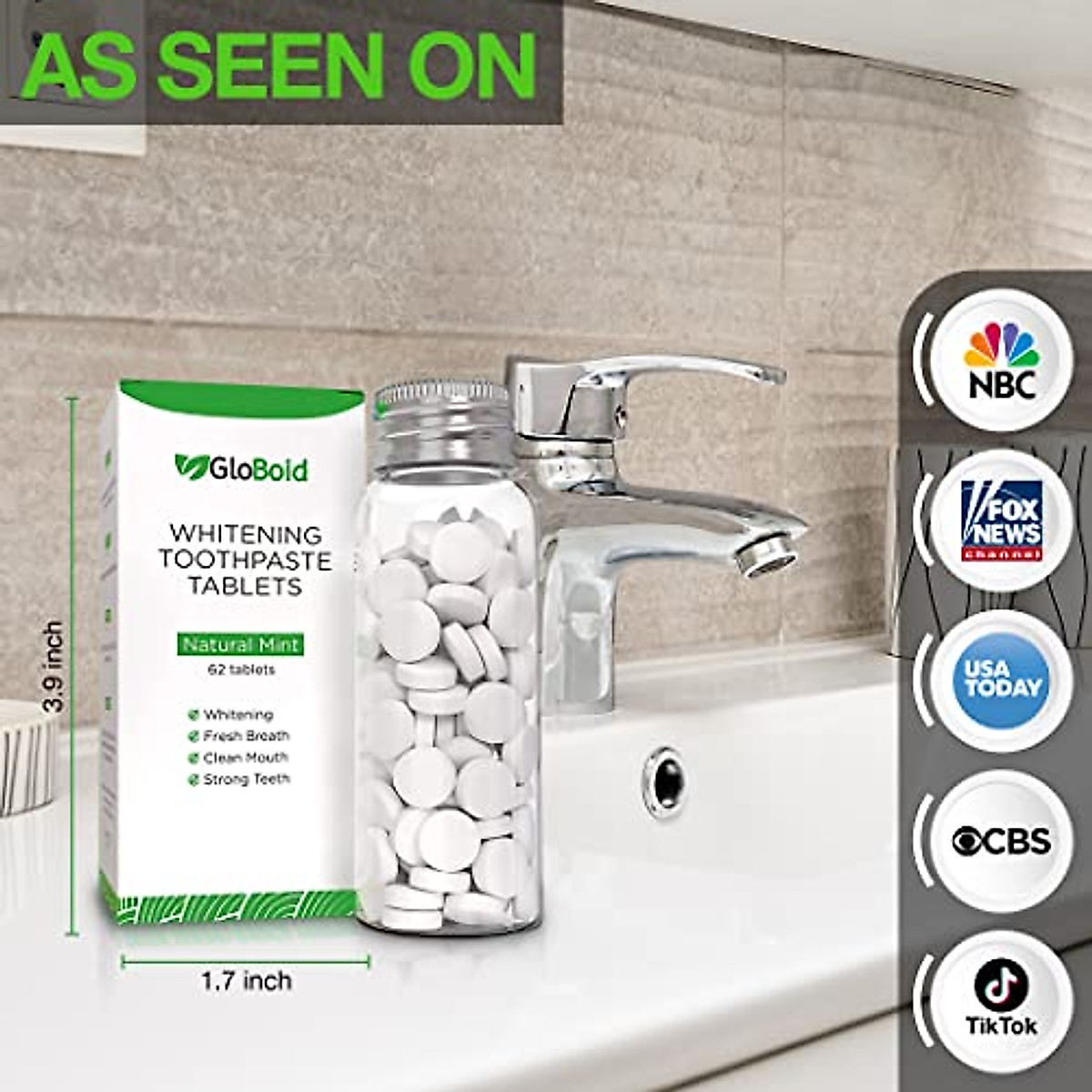 GloBoid Nano Hydroxyapatite Toothpaste Tablets, Zero Waste Toothpaste Bits, Eco Friendly & Plastic Free Toothpaste Tabs, Toothpaste Bites Perfect for Travel - 1 Month Supply - Mint