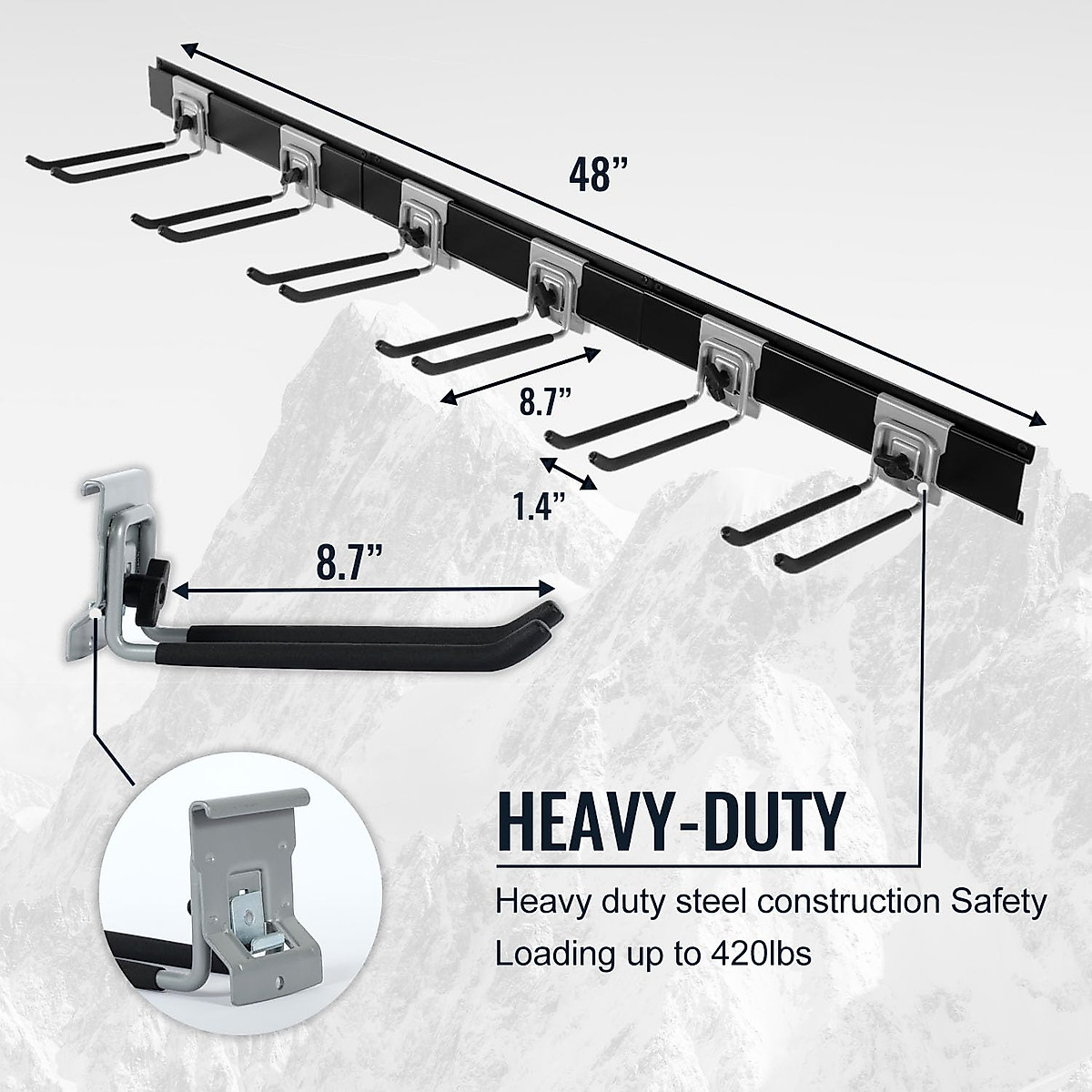 Aking Ace Clamping Garden Tool organizer, Garage Organization Wall Mount Tool Holder, Heavy Duty Garage Storage Tool Rack, Shovel Hangers Yard Tool Hook, Hold Up to 420lbs (48Inch Black)
