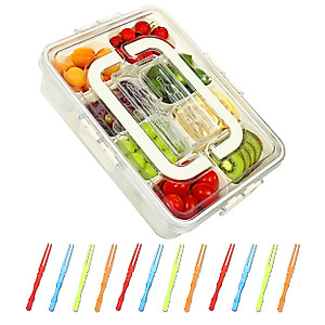 Divided Serving Tray with Lid and Handle, Snackle Box Charcuterie Container with 8 Compartments & 80 Fruit Forks and 2 Serving Spoons, Snack Container Snack Box for Party, Fruit, Picnic,1 Pack