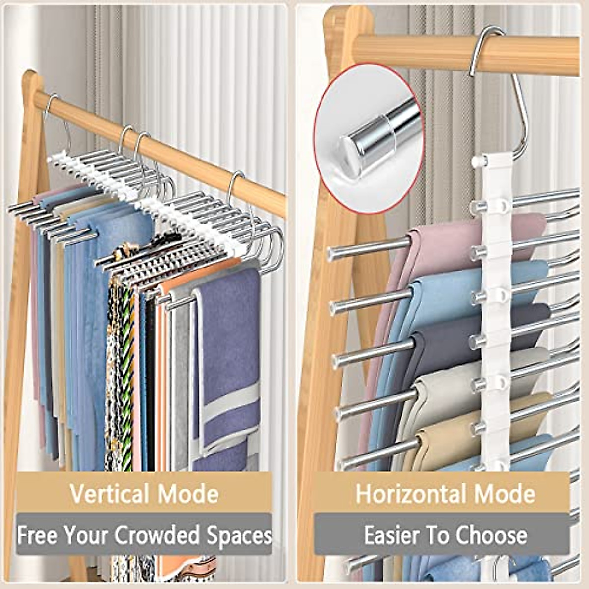Hoibampu 2 Pcs Upgrade 9 Layers Pants Hangers Space Saving - Hangers for Clothes Hanger Organizer - Jean Hangers Pants Rack Scarf Hanger Closet Space Saving Scarf Organizer