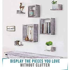 Comfify Rustic Wall Mounted Square Shaped Floating Shelves – Set of 7 – 3 Square Shelves and 4 L-Shaped Rustic Shelves – Screws and Anchors Included – Rustic Wall Décor - Rustic White