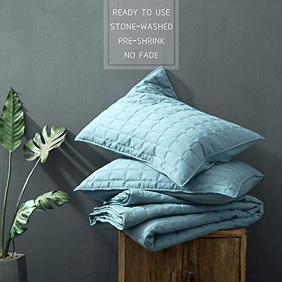 Kasentex Quilt-Bedding-Coverlet-Blanket-Set, Machine Washable, Ultra Soft, Lightweight, Stone-Washed, Detailed Stitching-Solid Color, Single/Twin + 2 Shams, Grey Blue