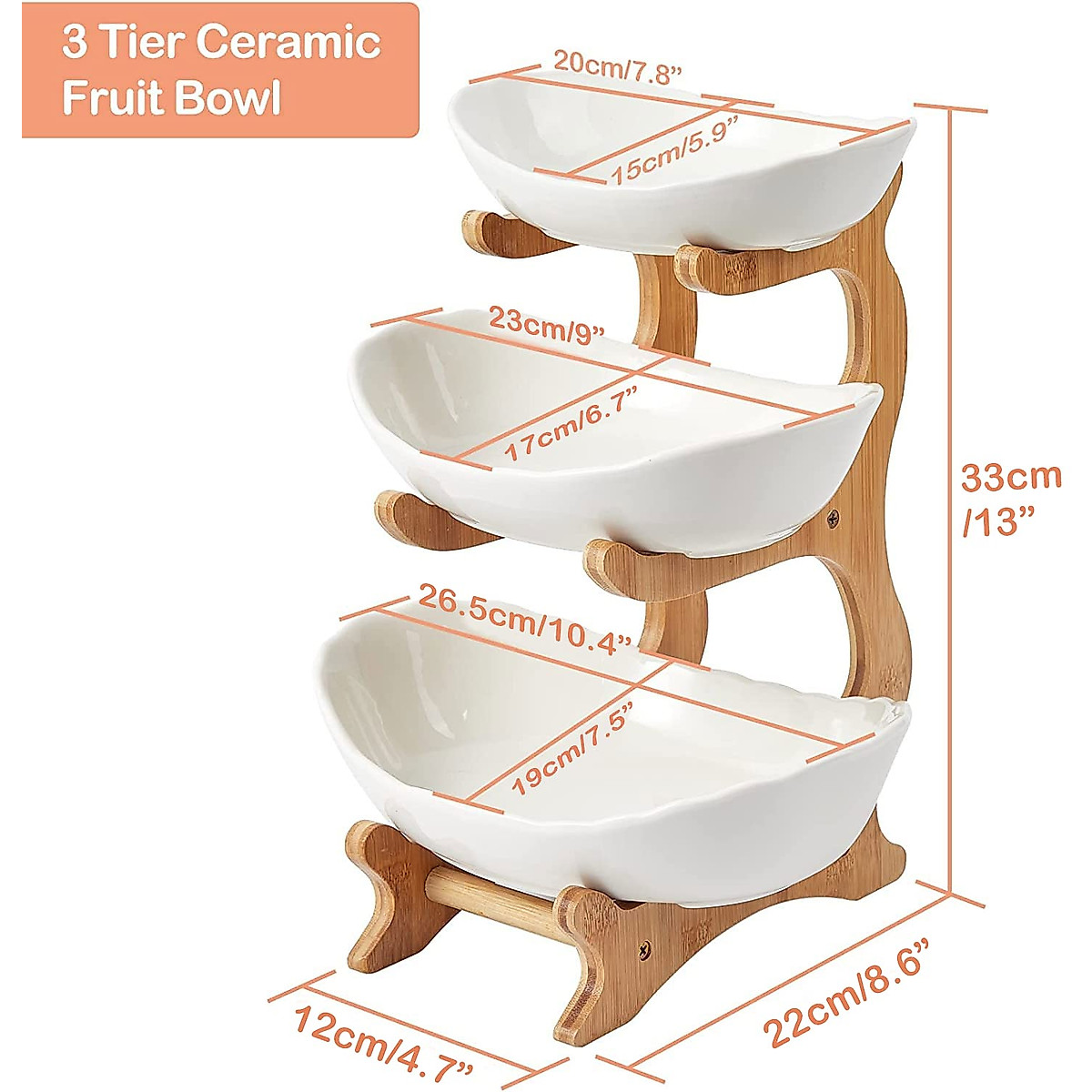 Goyappin 3 Tier Ceramic Fruit Bowl, with Bamboo Wood Stand, White Kitchen Fruit Basket Stand Fruit Serving Tray Set for Vegetable Storage, Snack Dessert Cake Candy Tray Plate Holder