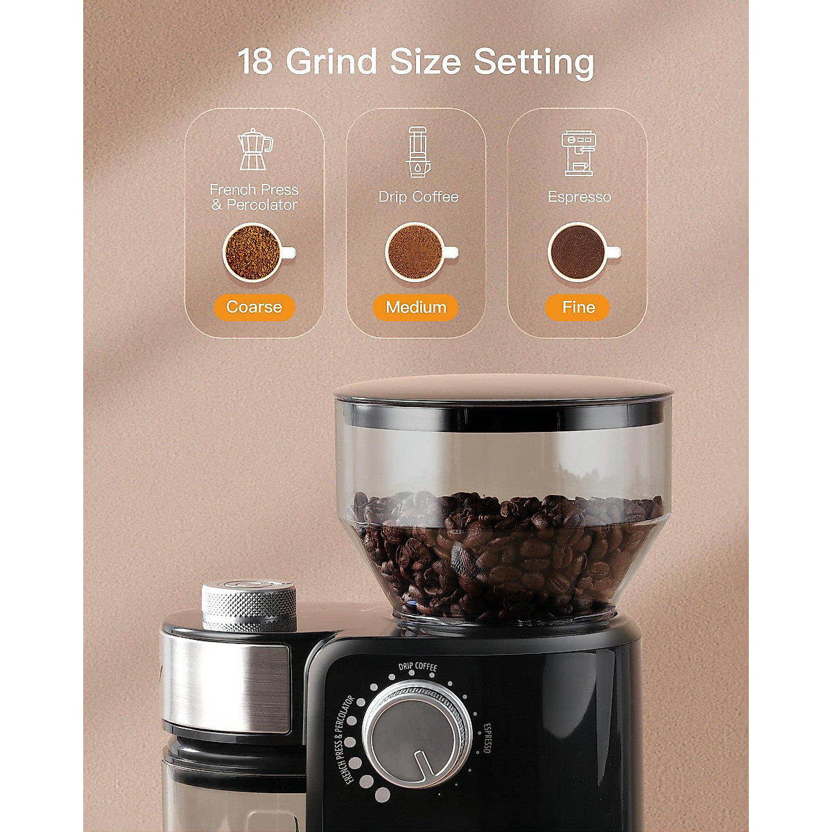 Electric Adjustable Mill Coffee Bean Grinder with 18 Grind Settings for Espresso, Drip and French Press, Black