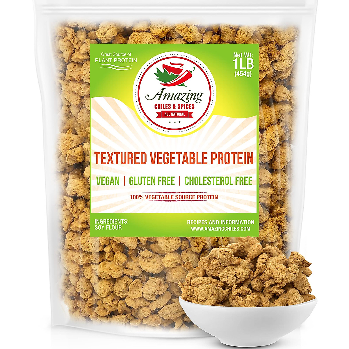 Textured Vegetable Protein (TVP), Unflavored, 1 lb. Bag, Natural Plant Based Vegan Protein Chunks, Non-GMO and Gluten Free Crumbles, Cholesterol Free by Amazing Chiles