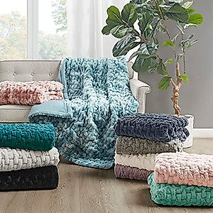 Madison Park Ruched Faux Fur Luxury Throw Teal 50*60 Premium Soft Cozy Brushed Long Faux Fur For Bed, Coach or Sofa