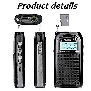 Retekess PR12 Digital Radio, Pocket Radio AM FM, Mini Radio with Micro SD, Backlit Display and Earphone Jack, Suit for Jogging and Gym (Black)