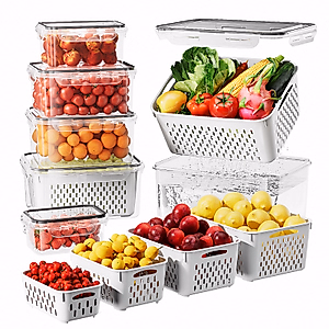 6 PCS Large Fruit Storage Containers for Fridge, Airtight Food Storage Containers with Removable Colander, Dishwasher & Microwave Safe, Berries Containers Keep Vegetables, Fruits Fresh Longer