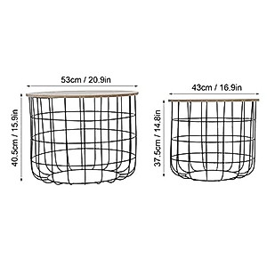 LIRUXUN 2pcs Living Room Storage Side Table Set Coffee Table with Metal Basket and Wood Tabletop