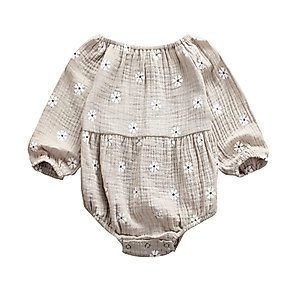 Newborn Baby Girls Floral Print Long Sleeve Round Neck Vintage Romper Infants Ruffles Jumpsuit (0-6months, Grey Flower)