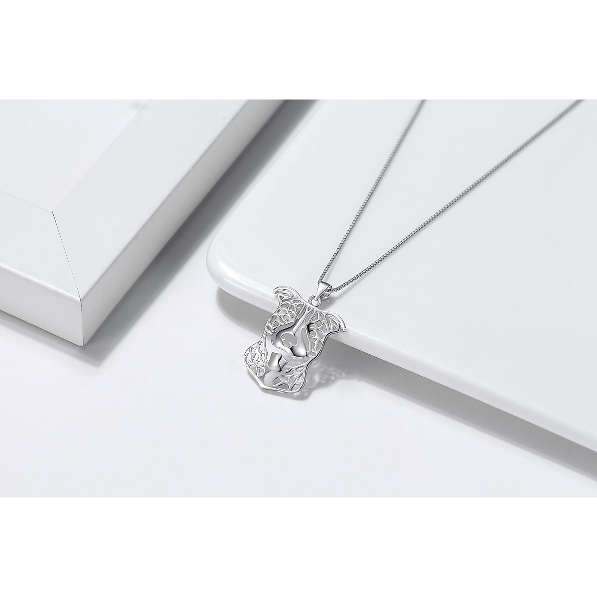 Pit Bull Dog Sterling Silver Necklace by Ginger Lyne Ears Down Puppy Dog Pet Pendant Box Chain Doggie Animal Paw Print Heart Jewelry for Pit Mom