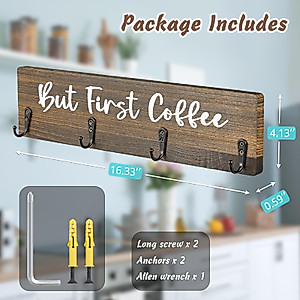 Bivvclaz Coffee Mug Holder Wall Mount, Acacia Wood Coffee Cup Holder, But First Coffee Rustic Wood Wall Sign, Mug Hanger Organizer Shelf Rack, Farmhouse Kitchen Decor and Coffee Bar Accessories