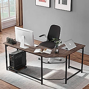 VECELO Corner Desk 66" with CPU Stand/PC Laptop Study Writing Table Workstation for Home Office Wood & Metal,Coffee+Black Leg, L-Shaped