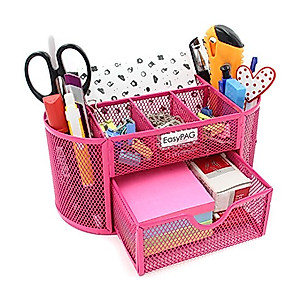 EasyPAG Desk Organizer Mesh Desktop Office Supplies Multi-functional Caddy Pen Holder Stationery with Drawer,Pink