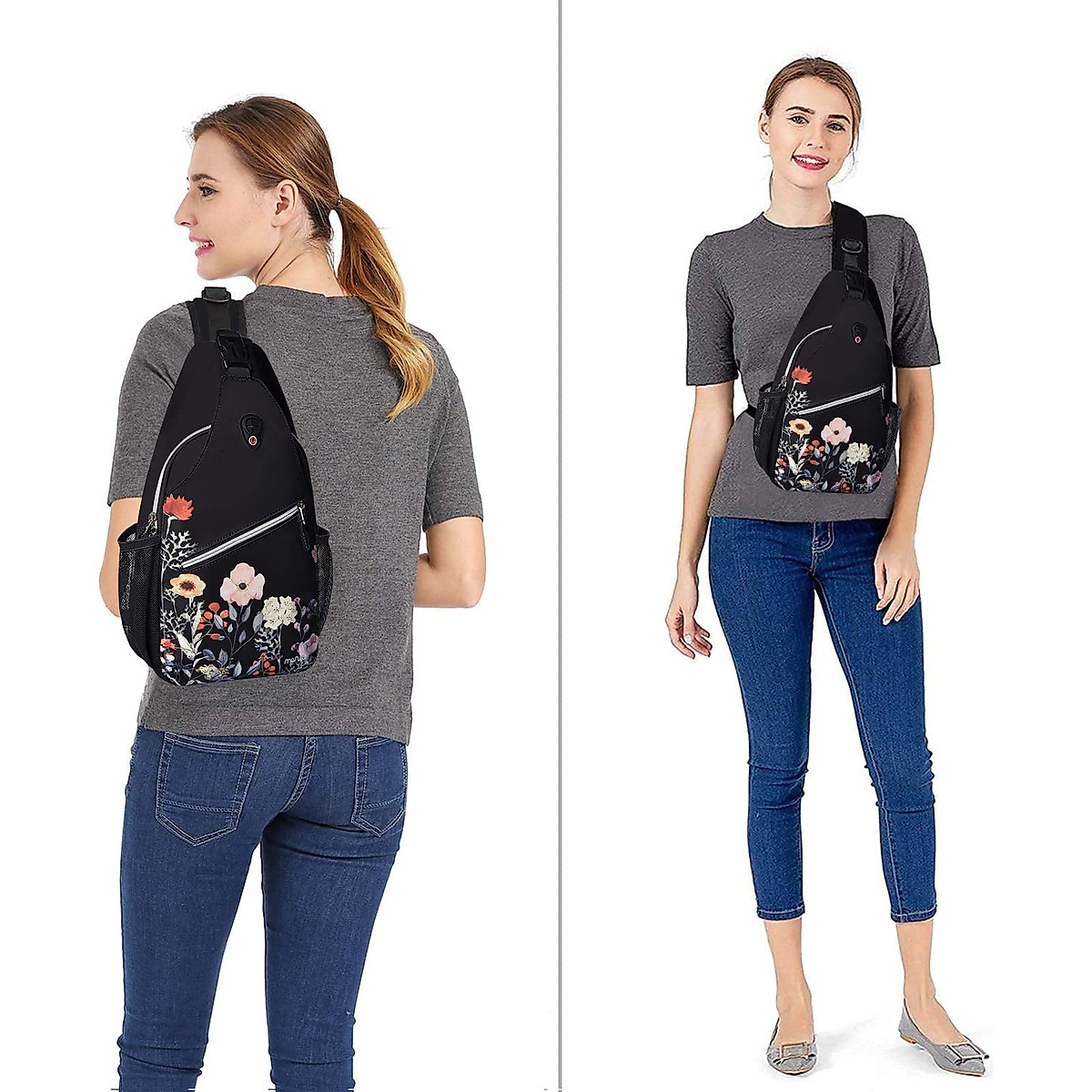 MOSISO Sling Backpack, Multipurpose Travel Hiking Daypack Garden Flowers Rope Crossbody Shoulder Bag, Black