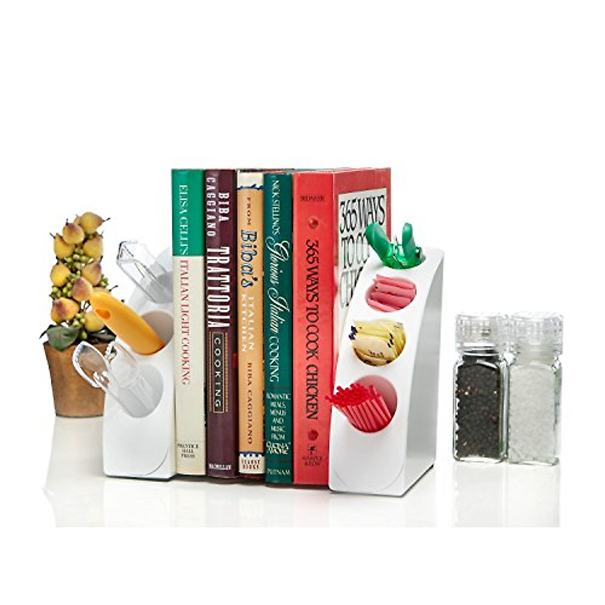 AdirOffice Smart Quarter Bookends & Office Desk Organizer - Heavy Duty Plastic w Non Skid Bottom - Includes Storage Wells to Keep Your Pens/Pencils in Place for Office/School/Library (Black and White)