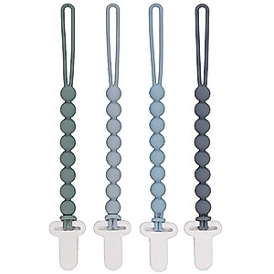 4-Pack Silicone Pacifier Clips with One-Piece Beads for Baby Boys and Girls - Flexible and Rust-Free Holders for Teething Relief and Baby Essentials, Safe for Newborns (Grey)