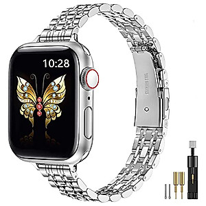 MioHHR Slim Metal Band Compatible with Apple Watch Band 41mm 40mm 38,mm,Dressy Stainless Steel Chain Strap for Women iWatch Bands Series 9 8 7 6 5 4 3 2 1 SE,Silver
