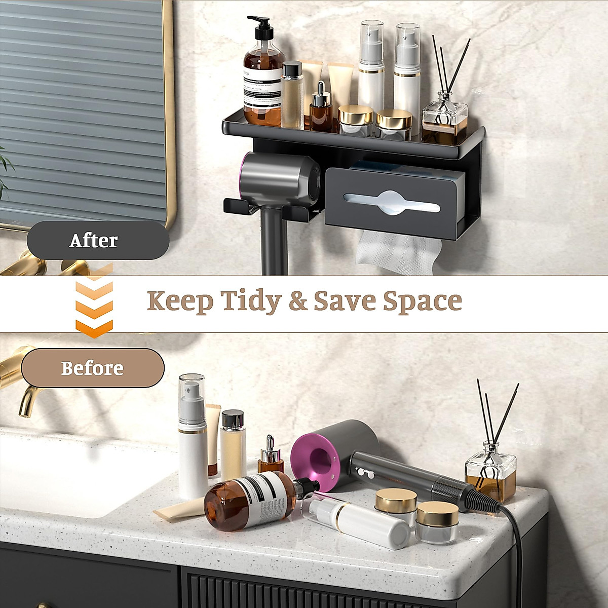 Neymlya Hair Dryer Holder, 3-in-1 Hair Tool Organizer Wall Mounted, Multifunctional Blow Dryer Holder with Shelf and Dryer Sheet Holder for Bathroom, Salon, Bedroom Organizers & Storage(Grey)