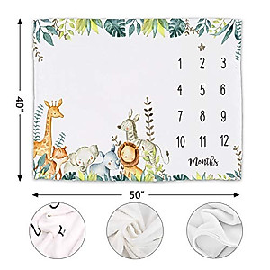 Popfavors, Yuzioey Safari Baby Monthly Milestone Blanket, Jungle Animals Baby Month Blanket , Baby Boy Blanket Growth Chart Nursery Decor, Includes Marker, White, 50Inx40In