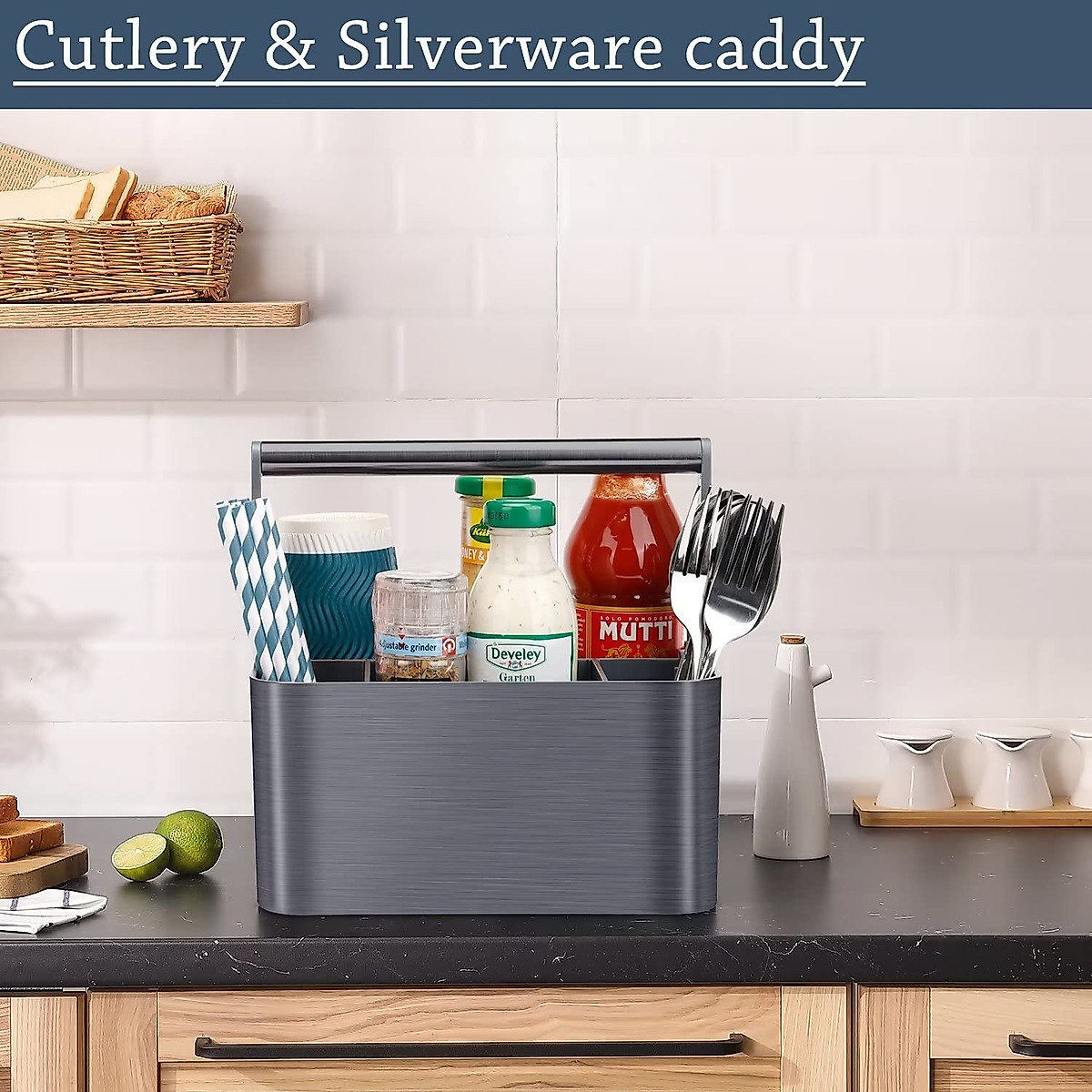 GFWARE Silverware Caddy, Utensil Caddy Organizer with Handle Plastic Silverware Holder for Countertop, Cutlery Holder with 4 Adjustable Compartments Utensil Holder for Party Camping Picnic(Grey)