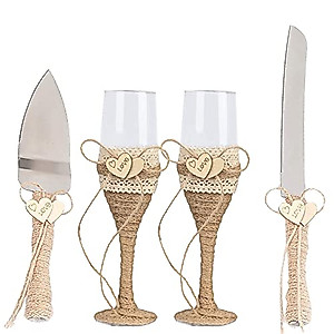senover Rustic LOVE Wedding Cake Serving and Champagne Flute Glasses Set Bride and Groom Wedding Supplies for Engagement Wedding Gift Anniversary Present Christmas Gift