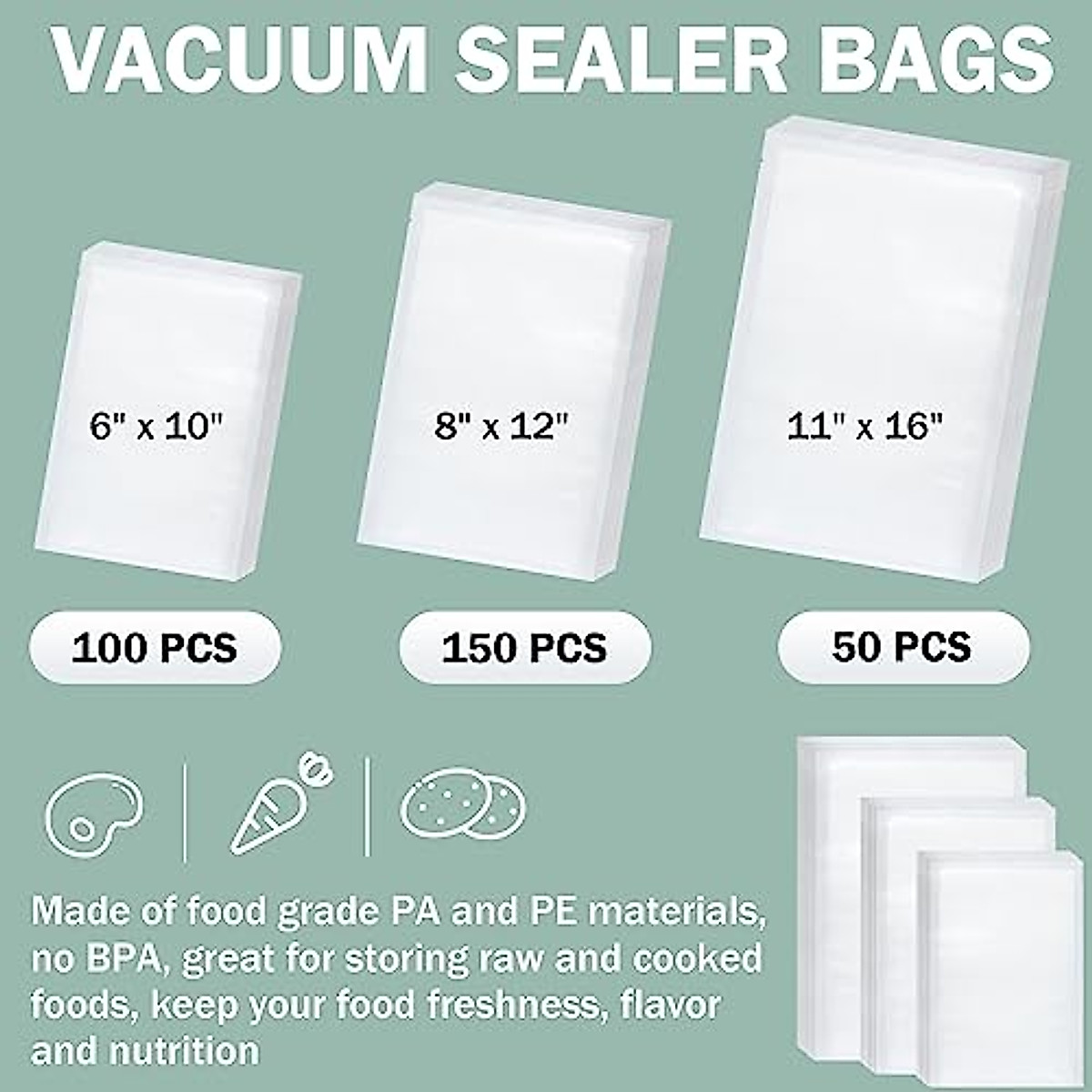 Windyun 300 Pcs Vacuum Sealer Bags for Food Bulk, Gallon 11 x 16 In, Quart 8 x 12 In, Pint 6 x 10 in, Commercial Grade Precut Bag for Sous Vide Food Storage Meal Prep Puncture Prevention Heavy Duty