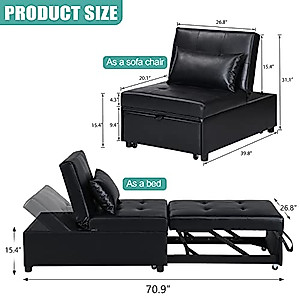 Sleeper Chair Bed, Convertible Chair Bed 4 in 1 Multi-Function Folding Ottoman Sofa Bed with Adjustable Backrest, Modern Single Bed Chair for Living Room/Small Space/Apartment, Black Faux Leather