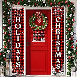 3 Pieces Christmas Plaid Porch Sign Merry Christmas Banner Happy Holidays Banner Welcome Banner Front Door Hanging Sign for Christmas Home Wall Indoor Outdoor Decoration