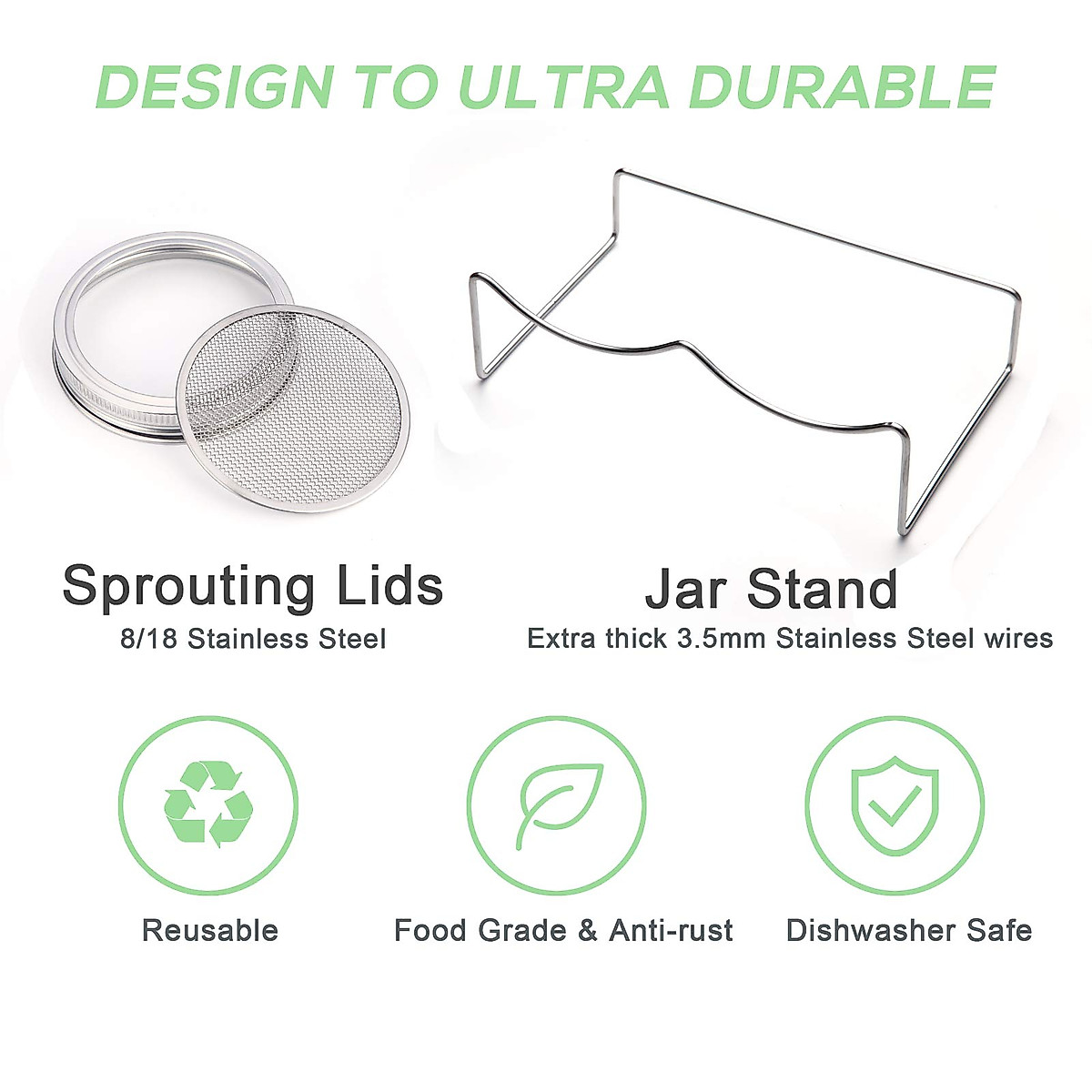 Sprouting Jar Kit-2 Wide Mouth Quart Mason Jars with 316 Stainless Steel Screen Sprout Lids,Melamine Tray,Stand and Canning Brush | Seed Sprouter Set for Growing Broccoli, Alfalfa, Mung Bean (White)