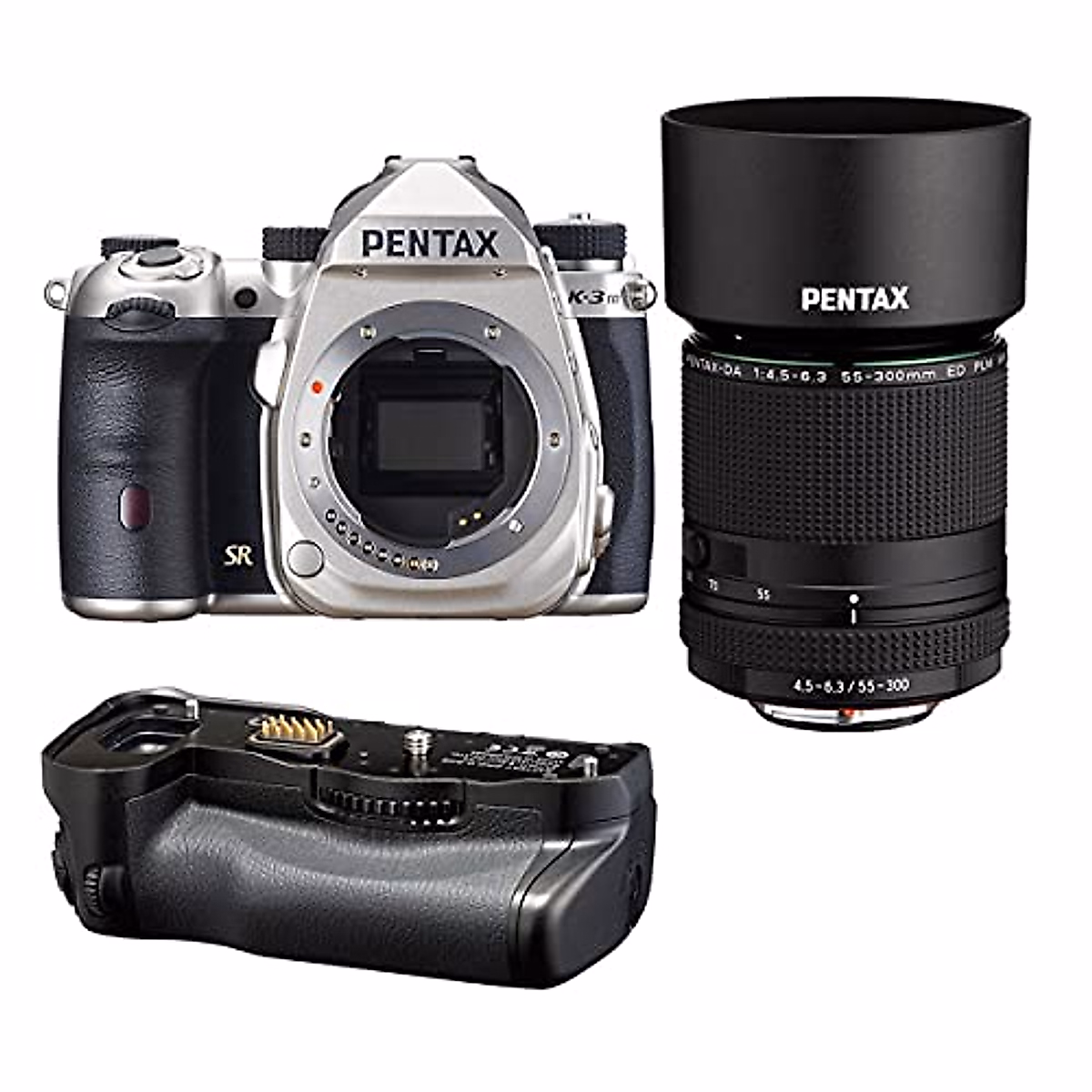 Pentax K-3 Mark III APS-C-Format DSLR Camera, Silver HD DA 55-300mm f/4.5-6 .3 ED PLM WR RE Telephoto Zoom Lens D-BG8 Battery Grip, Black