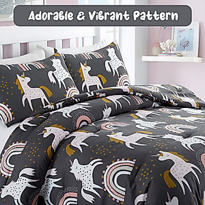 HollyHOME 3 Piece Full Size Bedding Comforter Sets for Teens and Girls, Pink Unicorn and Rainbow Bedding Set, 76”x 86”