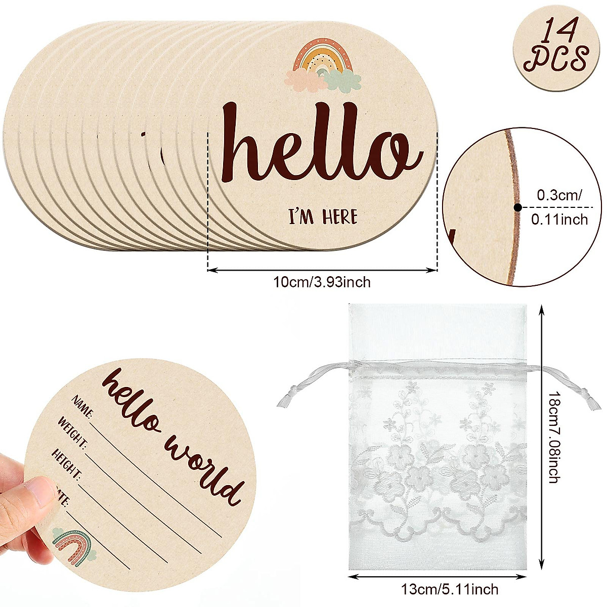 Yalikop 14 Pcs Wooden Baby Milestone Discs Cards Double Sided Baby Monthly Milestone Blocks Picture Props for Newborn Gift Pregnancy Birth Announcement Sign Month Baby Milestone Card with Storage Bag