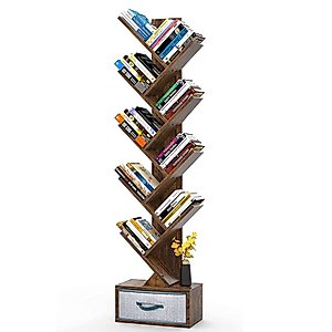 Flydem Tree Bookshelf with Drawer,Bookcase ,Bookshelves,Rack,Storage Rack,Holder,Organizer for Books,Wood Bookshelves,Book Tree,NarrowBookshelf Board Game Storage(Color:Rustic Brown), r-09