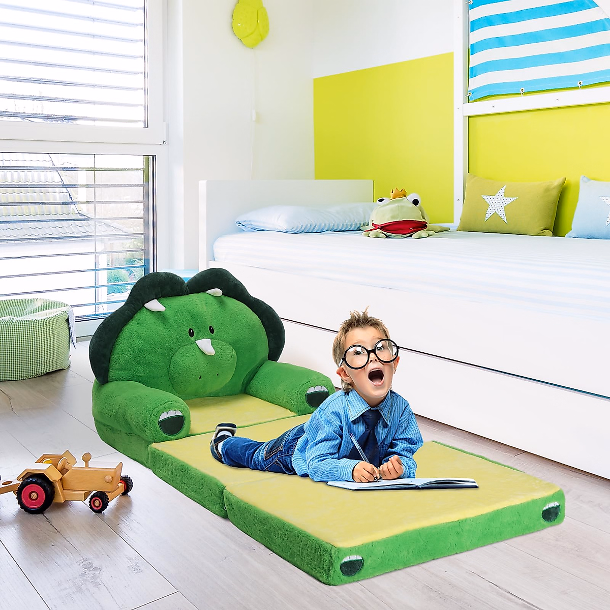 Foldable Kids Couch Toddler Backrest Armchair 2 In 1 Flip Open Sofa Bed for Chidren, Cartoon Comfy Soft Kids Chair, Steady Lightweight Toddlers Sofa Bed for Bedroom Livingroom Playroom Dinosaurs