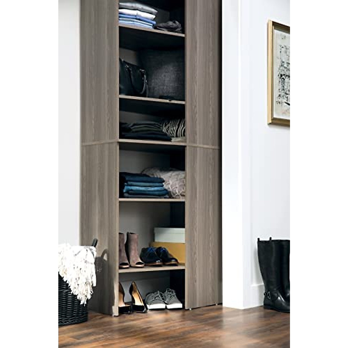 ClosetMaid SuiteSymphony Wood Corner Shelf Unit, 2 Shelves, Adjustable Stacking, for Storage, Closet, Clothes, Shoes, Décor, Graphite Grey