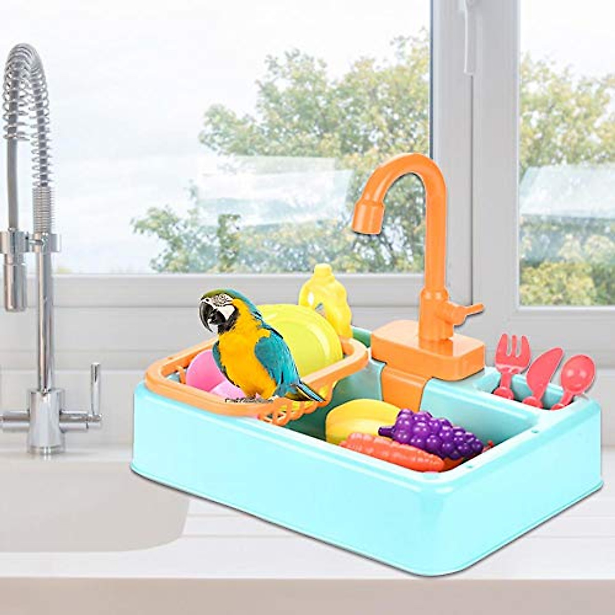 Activane Bird Bath Tub, Parrot Automatic Bathtub with Faucet, Bird Shower Bathing Tub Feeder Bowl for Pet Small Medium Parrot Parakeet Cockatiel Conure