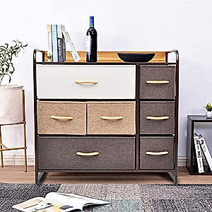 CERBIOR Wide Drawer Dresser Storage Organizer 5-Drawer 7-Drawer Closet Shelves, Sturdy Steel Frame Wood Top with Easy Pull Fabric Bins for Clothing, Blankets