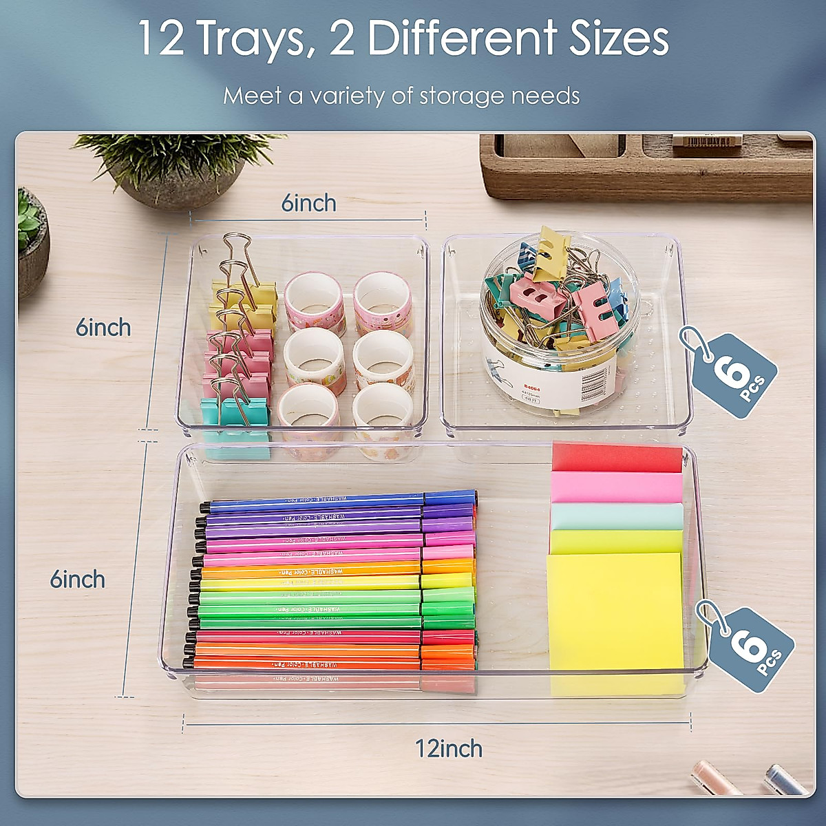 12 Pack Large Clear Plastic Drawer Organizer Set, Acrylic Bathroom Organizer Vanity Trays Dividers, Kitchen Organizers and Storage, Non-Slip Storage Bins for Makeup, Snacks, Office, Desk, Fridge