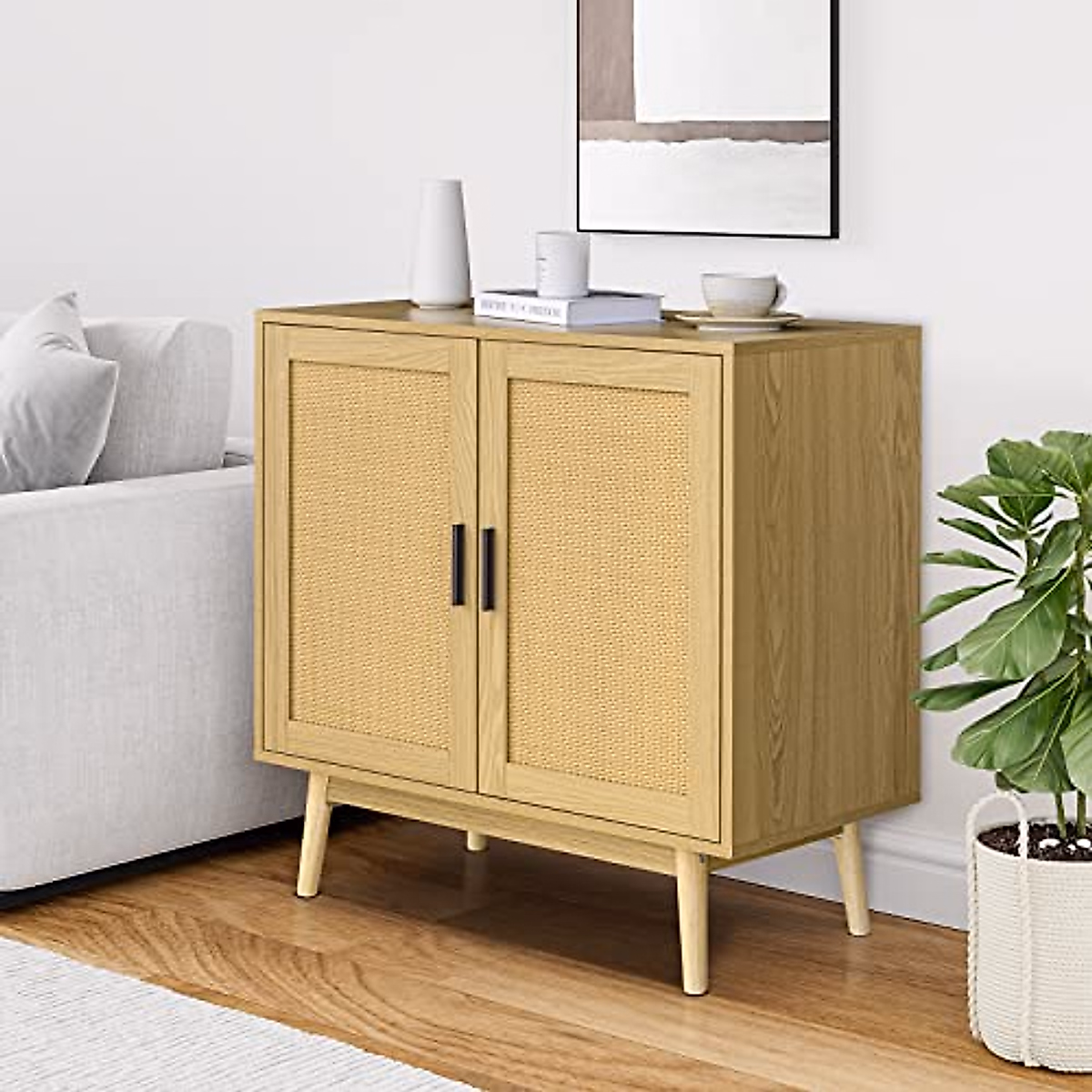Mufico Buffet Sideboard Cabinet,Rattan Storage Cabinets with Door and Shelves, Accent Console Coffee Bar for Bar, Dining Room, Hallway, Cupboard Living Room