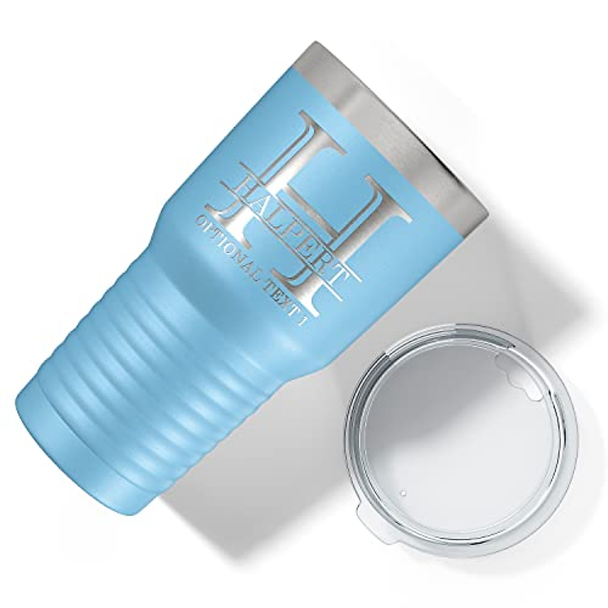 Personalized 30oz (17 Colors) Powder Coated Insulated Stainless Steel Tumbler with Lid, Custom Etched, Customized Engraved Gift Idea for Women Men Her Him, Halpert Monogram Initial Name (Light Blue)