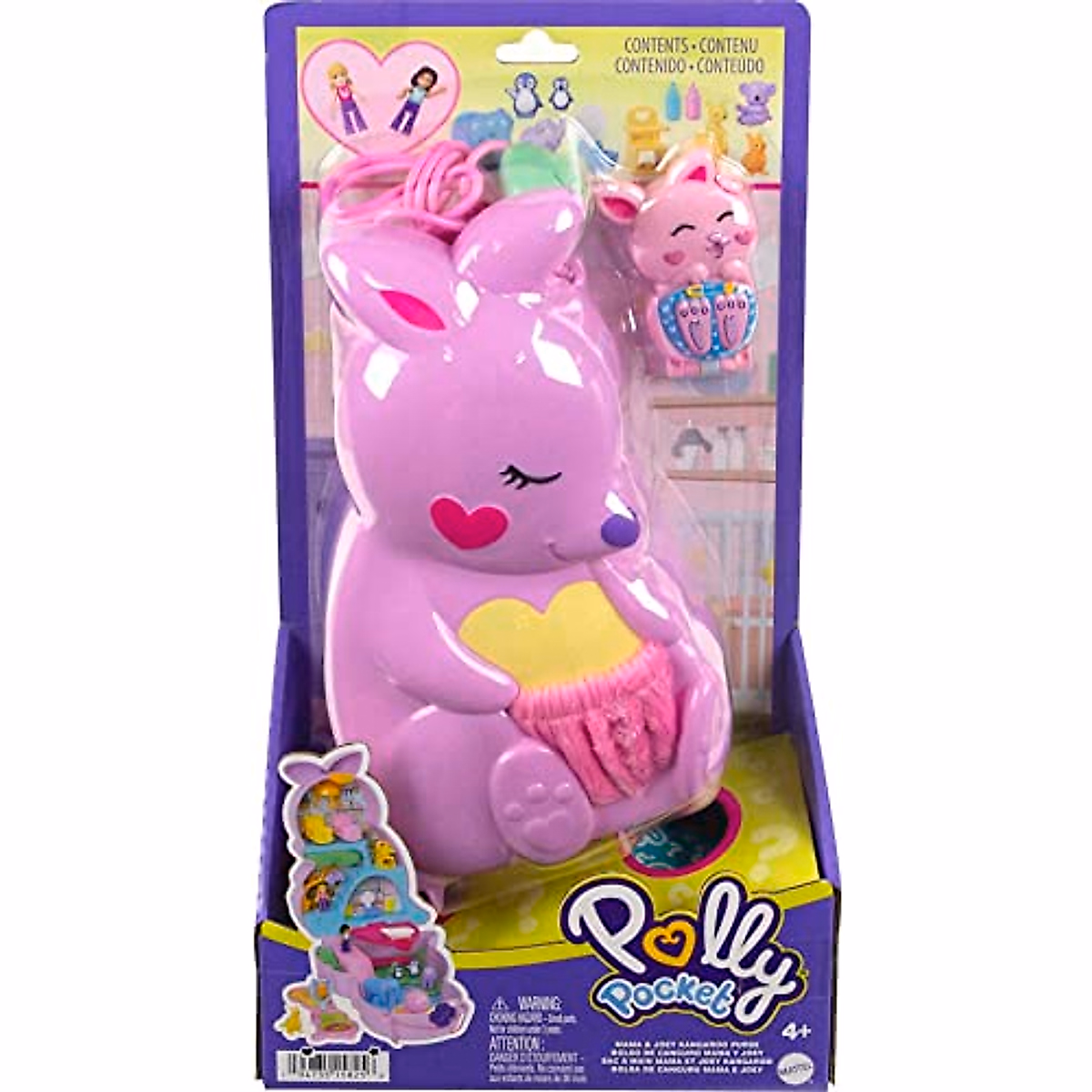 Polly Pocket 2-in-1 Travel Toy Playset, Animal Toy with 2 Dolls & Accessories, Mama & Joey Kangaroo Purse Large Compact
