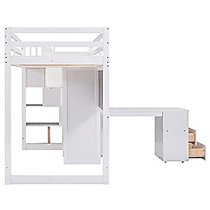 TARTOP Twin Size Loft Bed with Pullable Desk and Storage Shelves Under Bed,Wood High Loft Bed with Staircase and Blackboard, Twin Size Loft Bed Frame for Kids, Teens, Adults, White