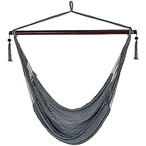 Sunnydaze Hanging Caribbean XL Hammock Chair - Modern Boho-Style Soft-Spun Polyester Rope Hammock Chair Swing - Gray - Ideal for Yard, Balcony, Garden and Other Outdoor Living Spaces